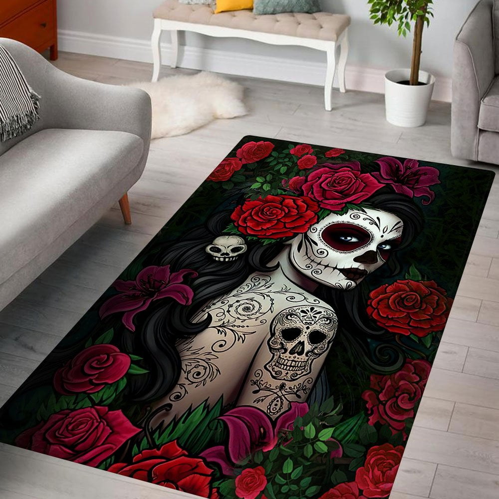 Rectangle Area Rug For Living Room, Bedroom, Sugar Skull Girl Rug ...