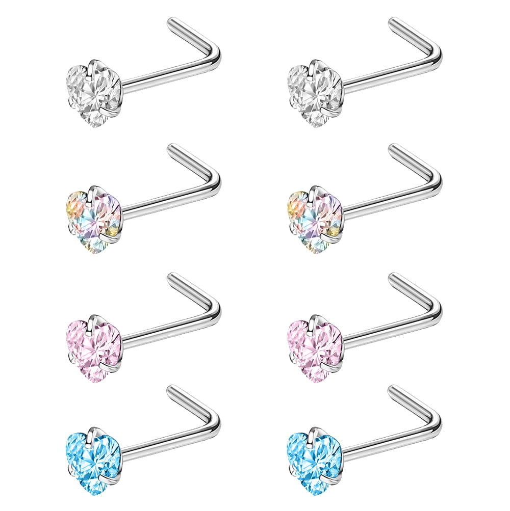 ZS 8Pcs/Set 20g Heart Crystal Nose Ring Stud Piercing Nose Bone/L ...