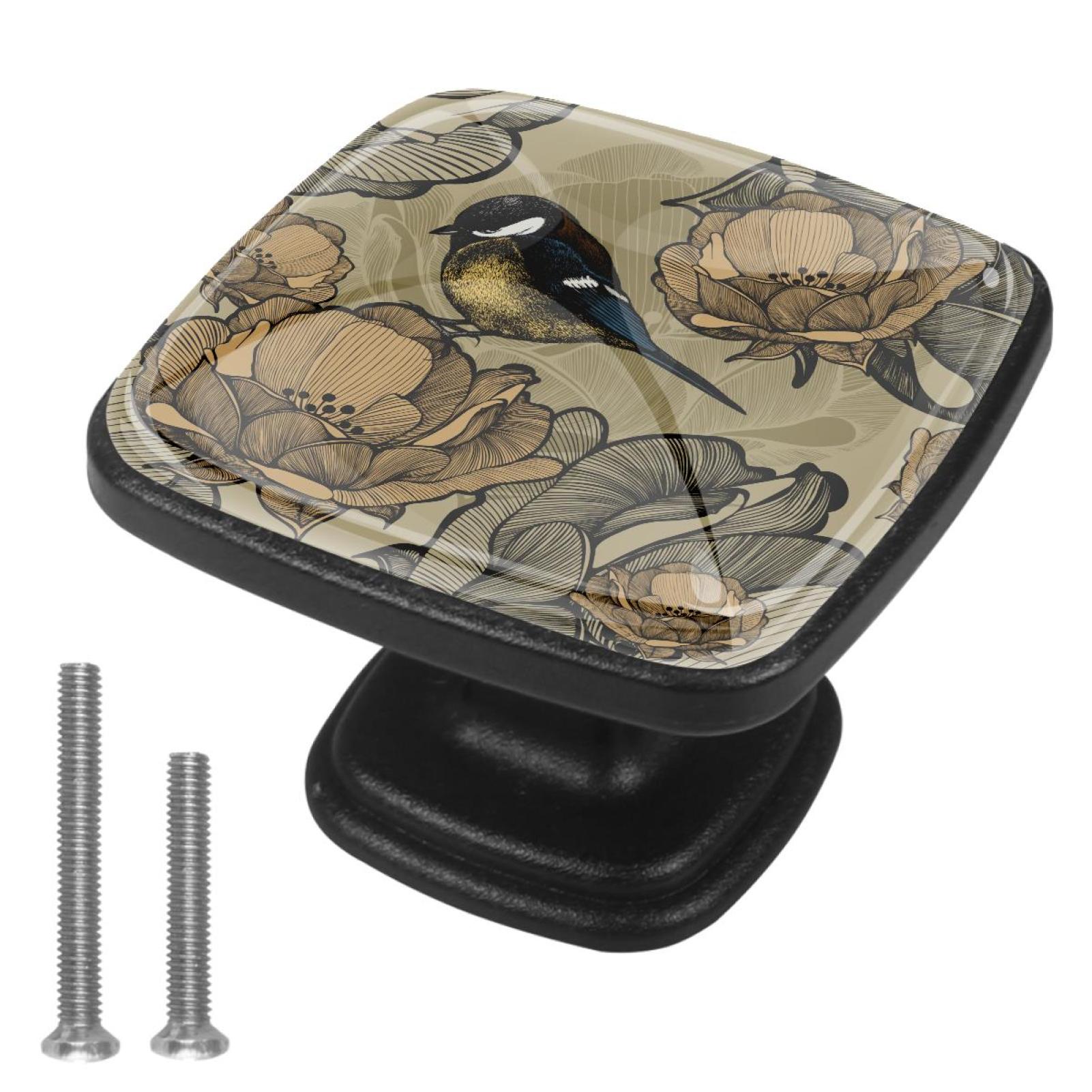 4 Pcs Cabinet Handle Drawer Pulls Floral Titmouse Bird Knobs with Screws Square Furniture Office ...