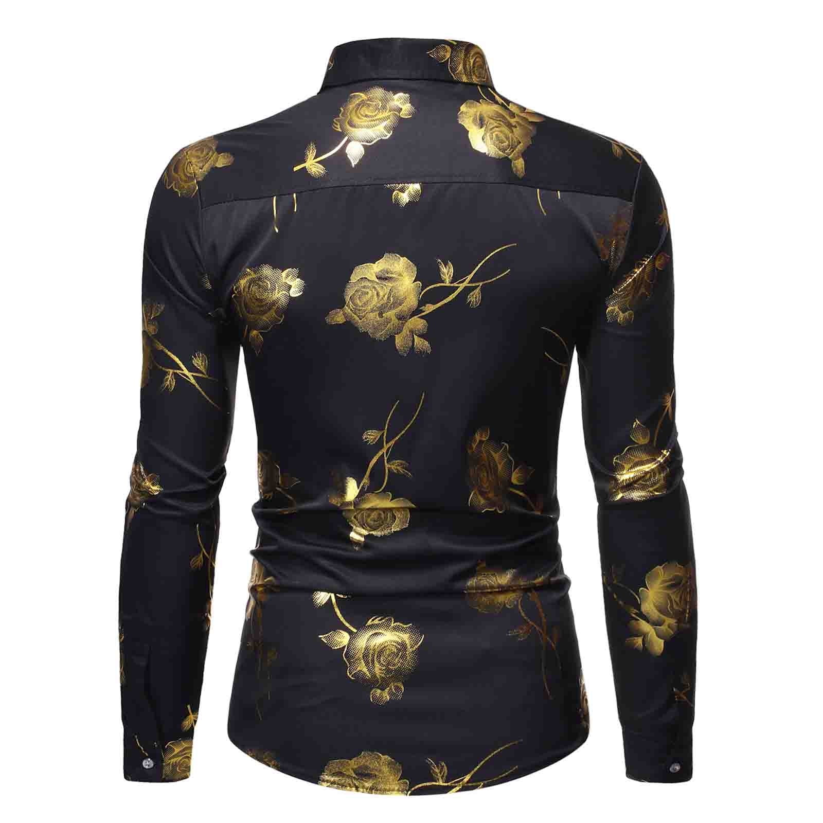 Hombres Nightclub Shiny Golden 3D Rose Impreso Slim Fit Button Down ...