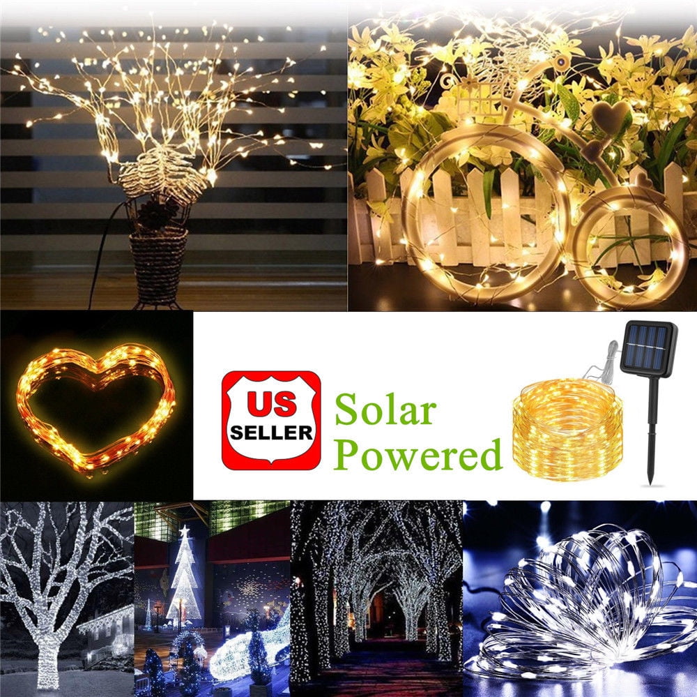 Solar LED String Lights 100 Copper Wire 33ft Waterproof Outdoor Fairy ...