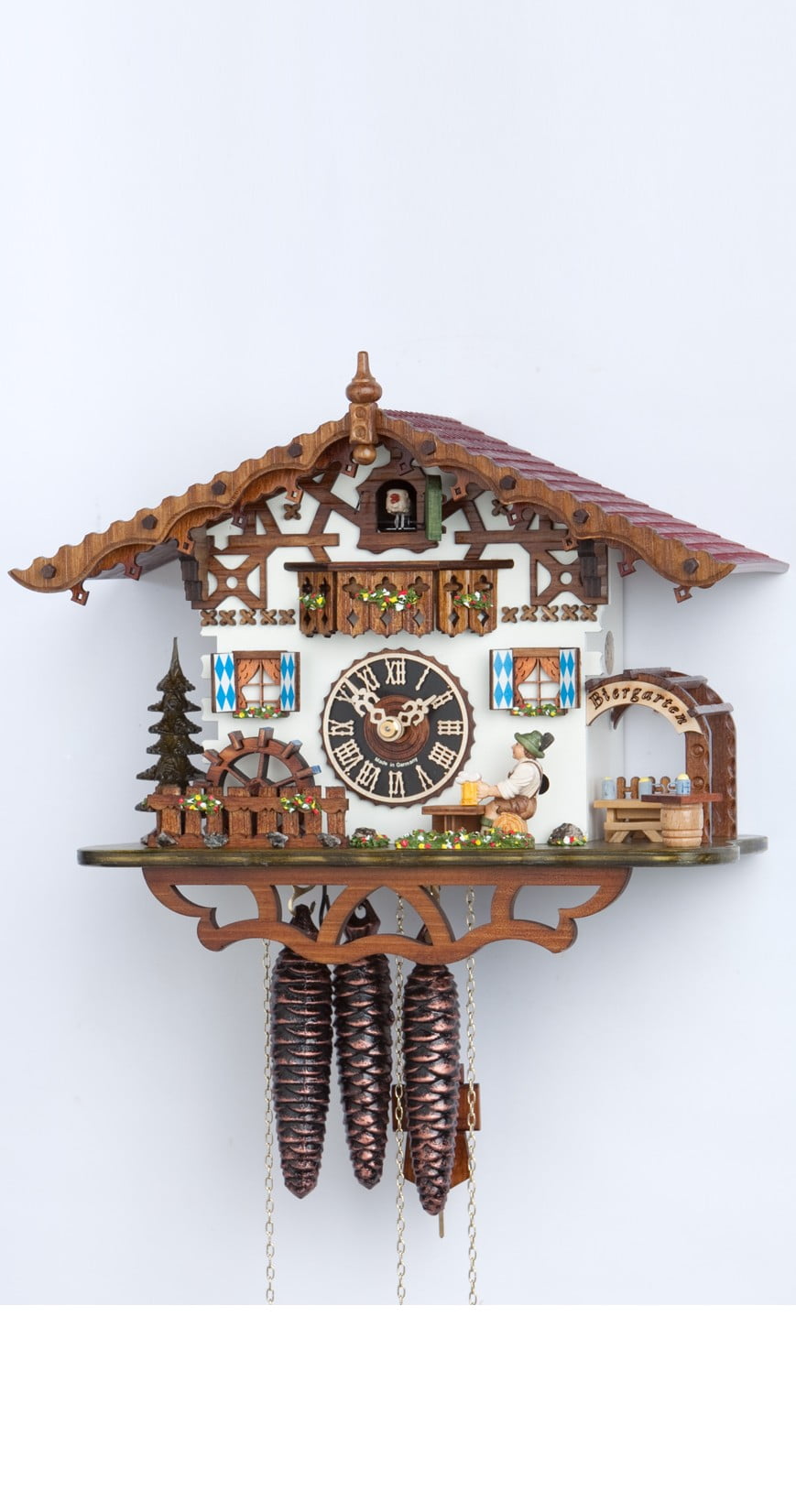 Cuckoo Clock Swiss house with moving beer drinker and mill wheel ...