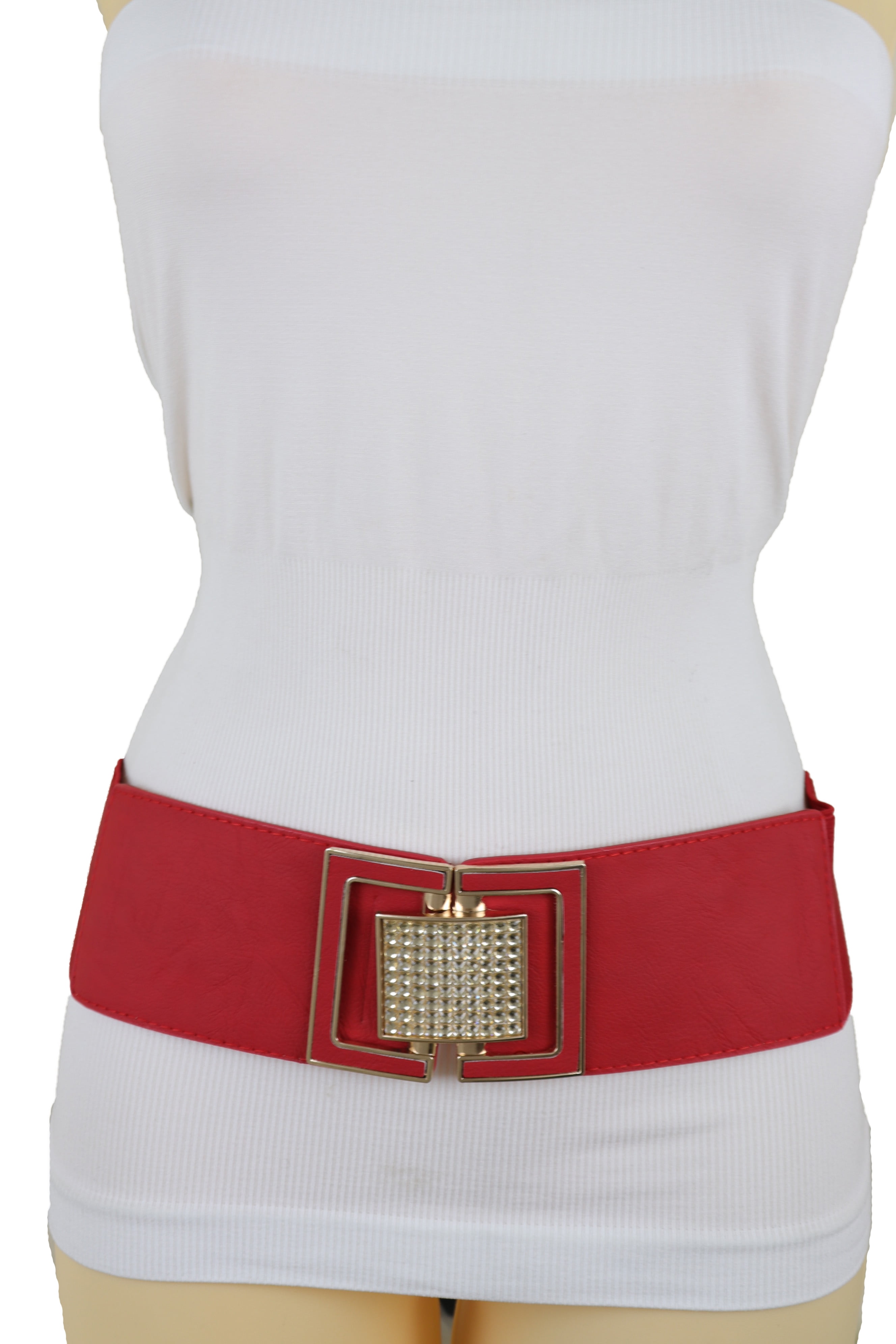 Women Red Elastic Waistband Fashion Belt Gold Square Buckle S M ...