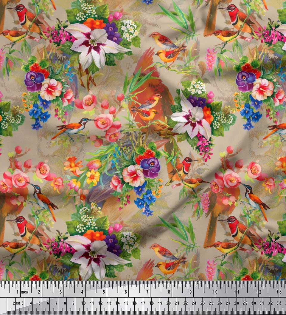 Soimoi Crepe Silk Fabric Birds,Leaves & Lily Floral Print Fabric by The ...