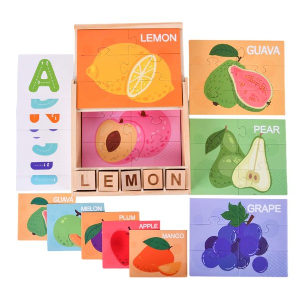 Wooden Educational Abc Puzzle Development Toy with Game Cards Words for ...