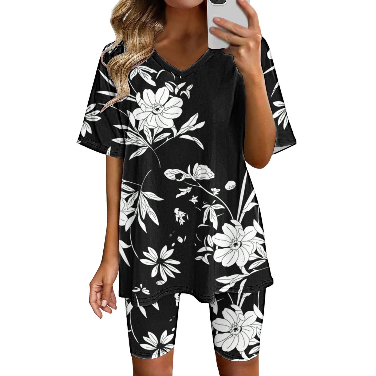 Two Piece Summer Sets Plus Size Women's Short Sleeve V-neck Tops Shorts ...
