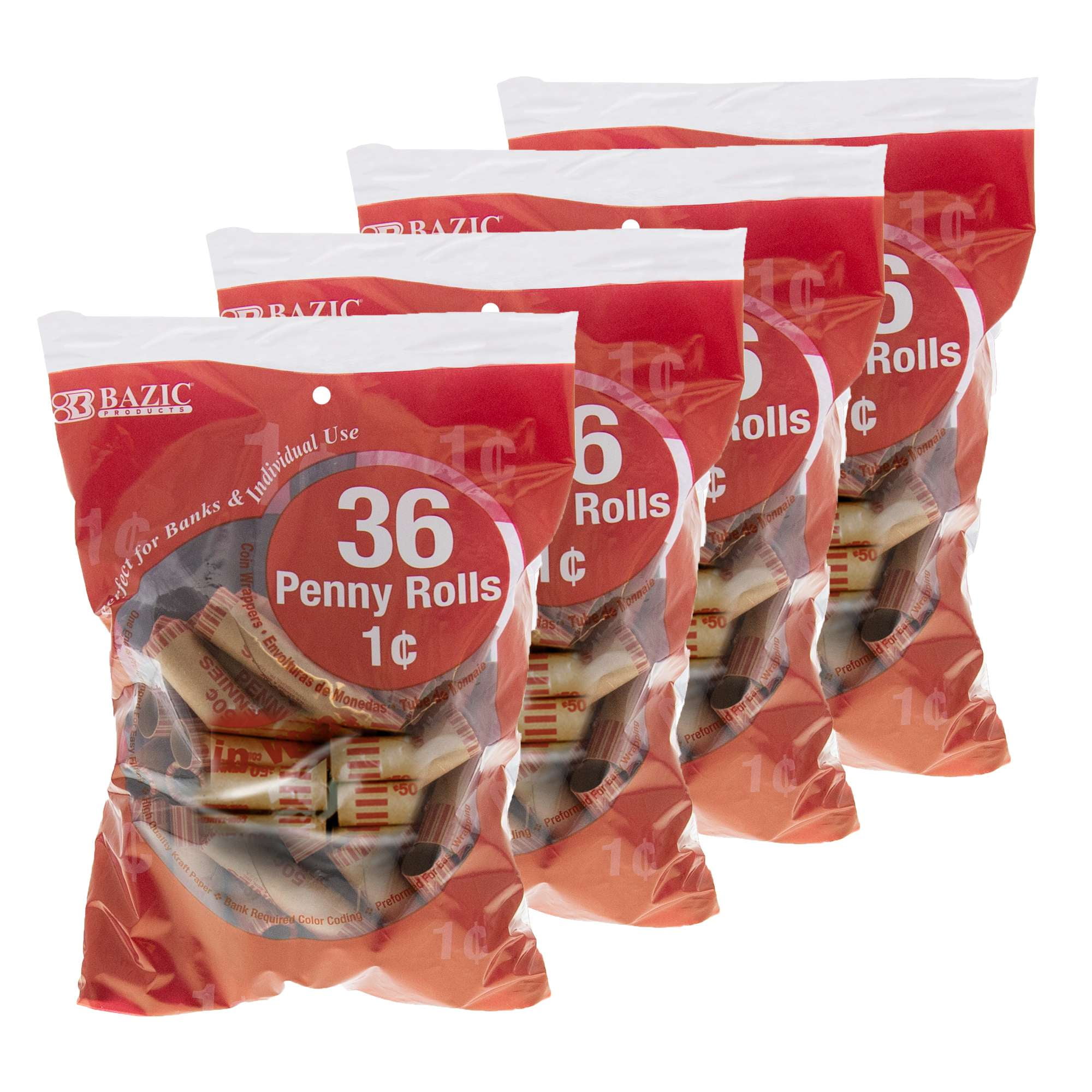 BAZIC Penny Coin Wrappers Rolls, Made in USA Coins Tubes (36/Pack), 4 ...