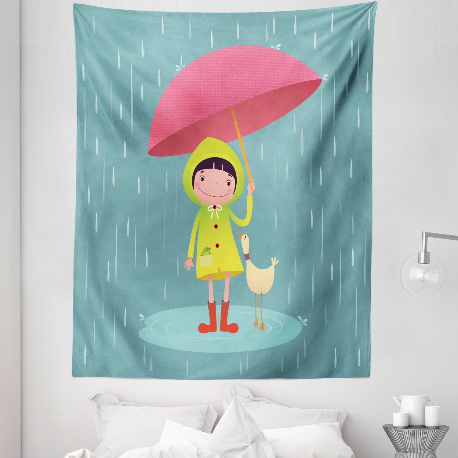 Rain Tapestry, Illustration of a Little Girl and Her Duck Animal Friend ...