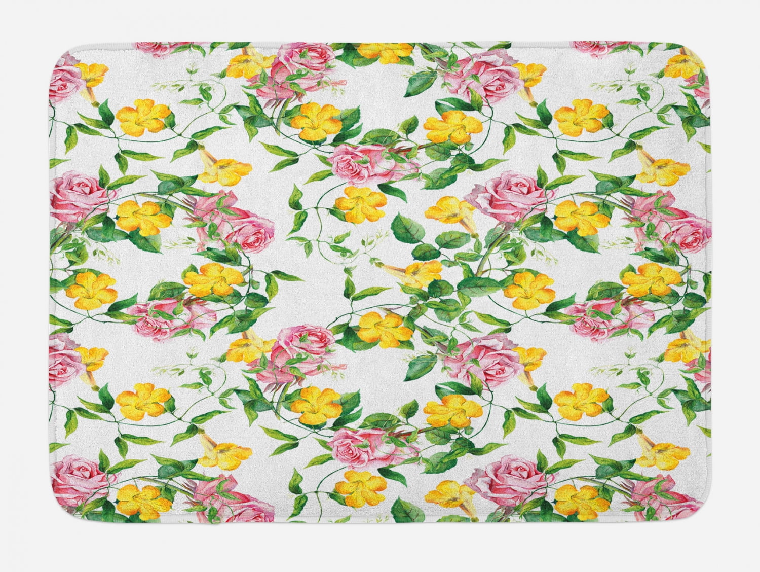 Yellow Flower Bath Mat, Flourishing Bindweed and Pink Roses Leaves ...