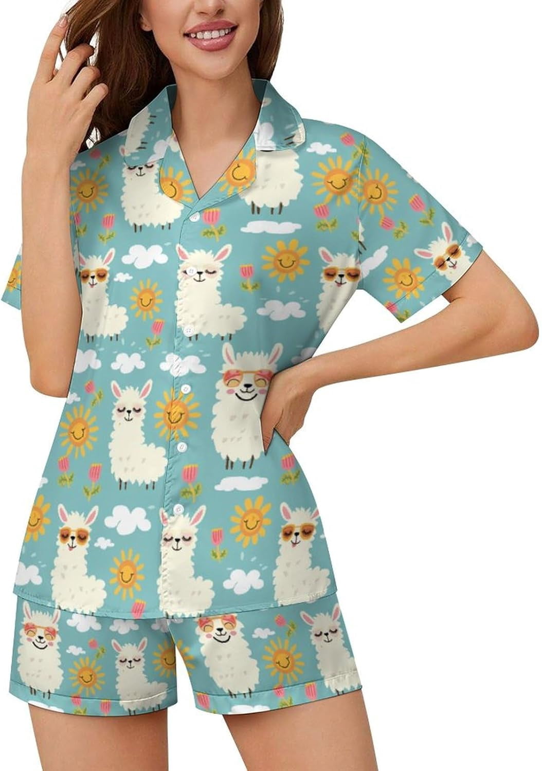 SKQIT Womens Short Sleeve Pajama Sets, 2 Piece Cute Print Soft Satin ...