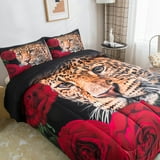Red Rose Cheetah Bedding Set,Cat Leopard Print Comforter Set,Romantic ...