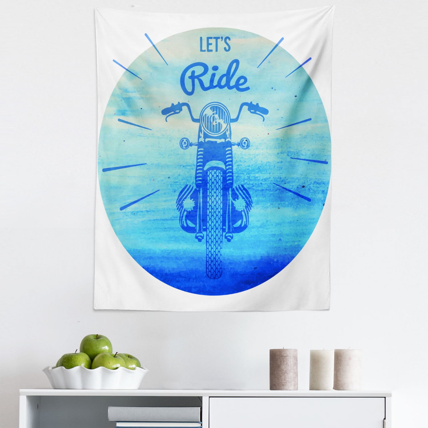 Hand Drawn Tapestry, Vintage Hand Drawn Motorcycle with Lets Ride Words ...