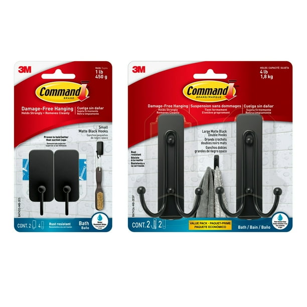 Command Bath Large Matte Black Double Hooks, 2 Double Hooks and Command Bath Hook, Small Matte ...