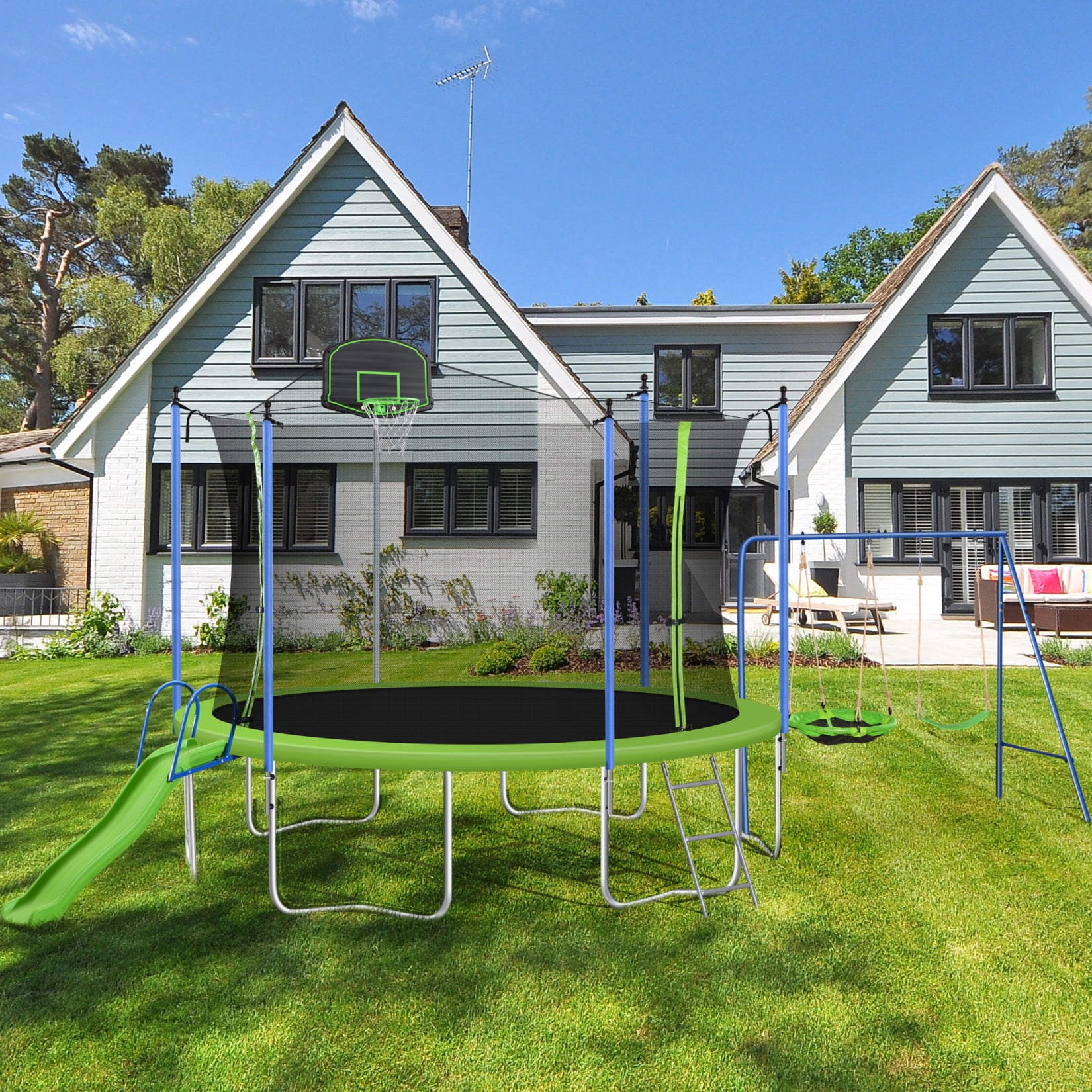 12FT Trampoline for Kids & Adults, Trampoline Set with Swing Slide ...