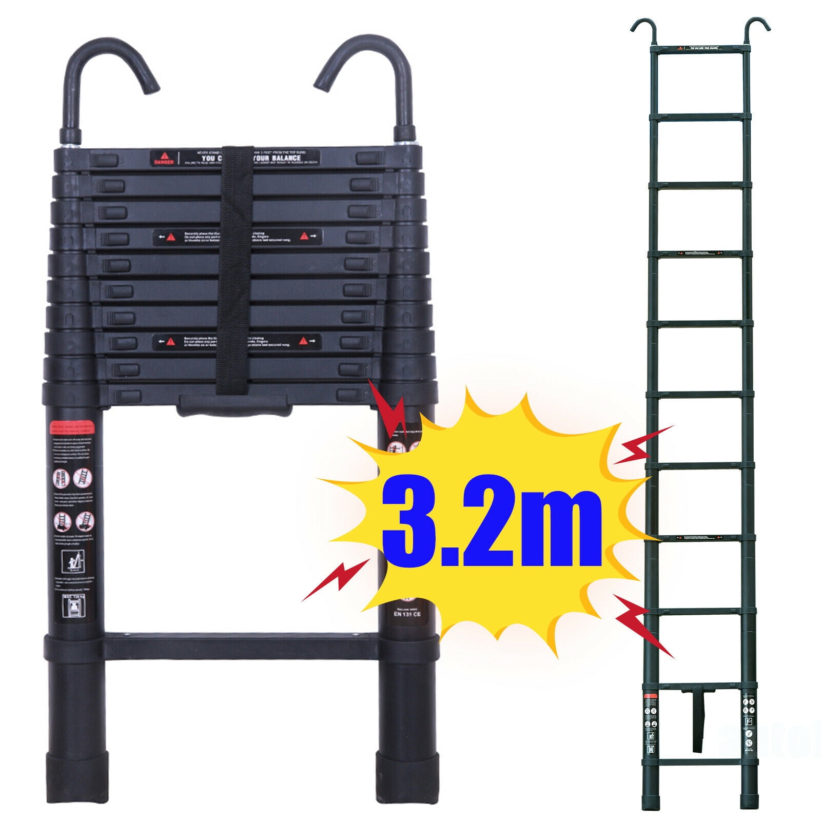 Dayplus 10.5Ft/3.2M Folding Aluminum Telescopic Extension Ladder Step ...
