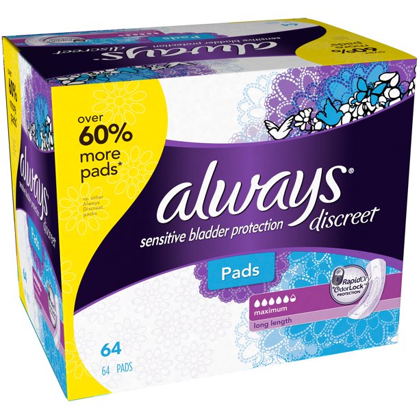Always Discreet Maximum Absorbency Incontinence Pads, Long, 64 Count ...