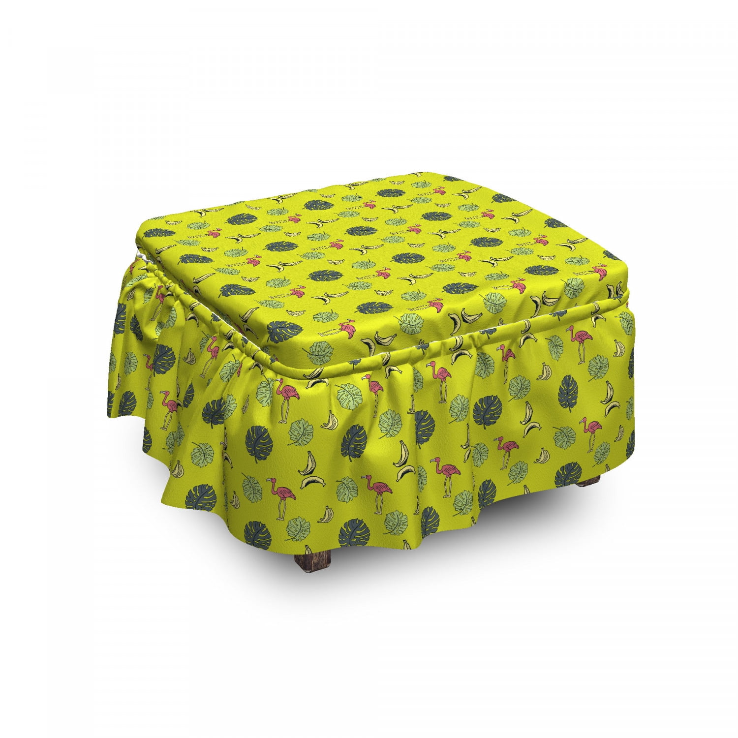 Tropical Ottoman Cover, Monstera Leaves Flamingos, 2 Piece Slipcover ...