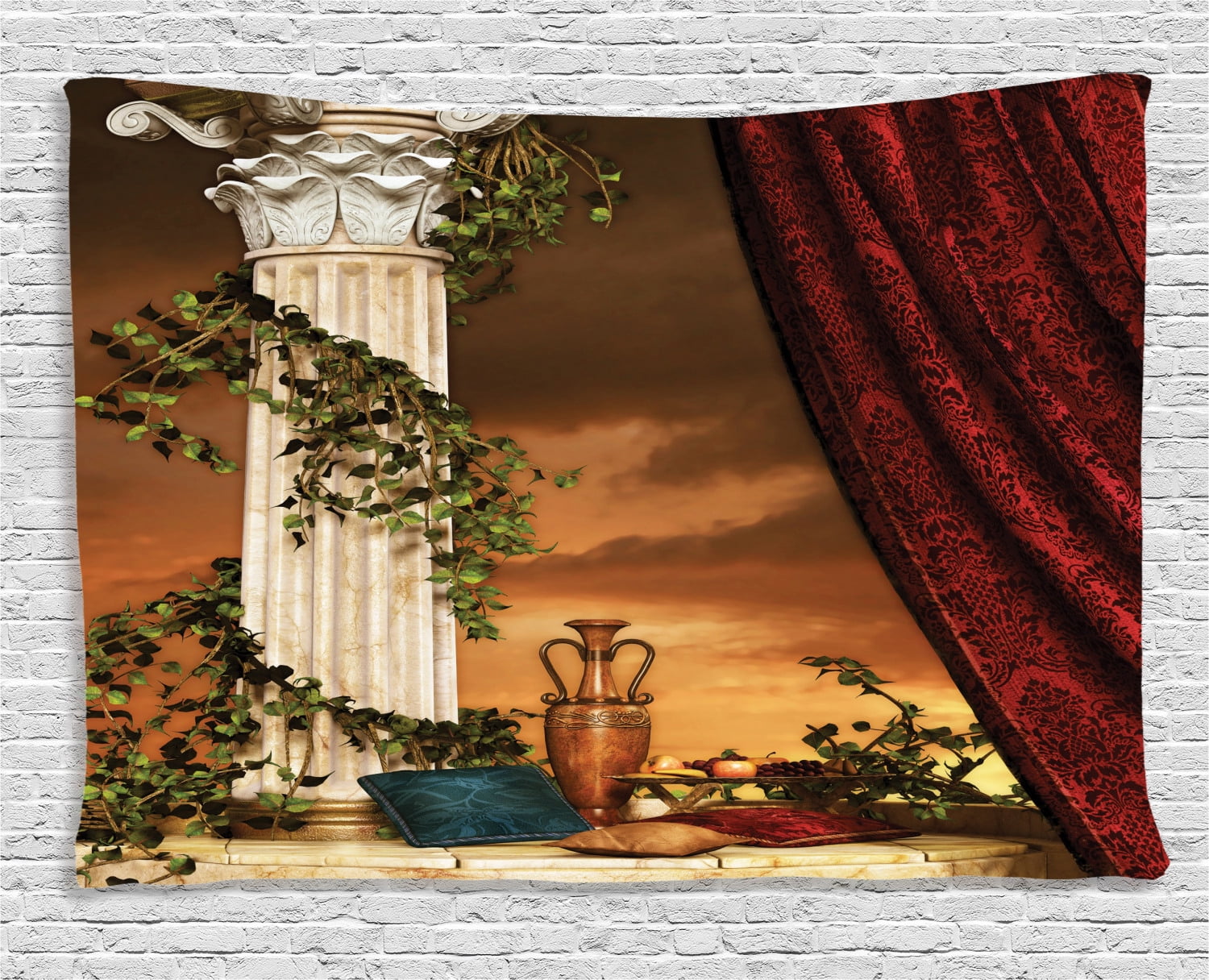 Gothic House Decor Tapestry, Greek Scene Climber Pillow Fruits Vine and ...