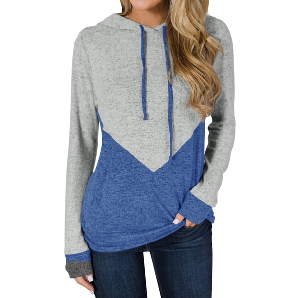 Women Color Block Long Sleeve Drawstring Hooded Top - Walmart.com