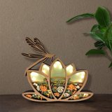 3D Wooden Animals Carving LED Night Light, Dragonfly Lotus Decor, Wood ...