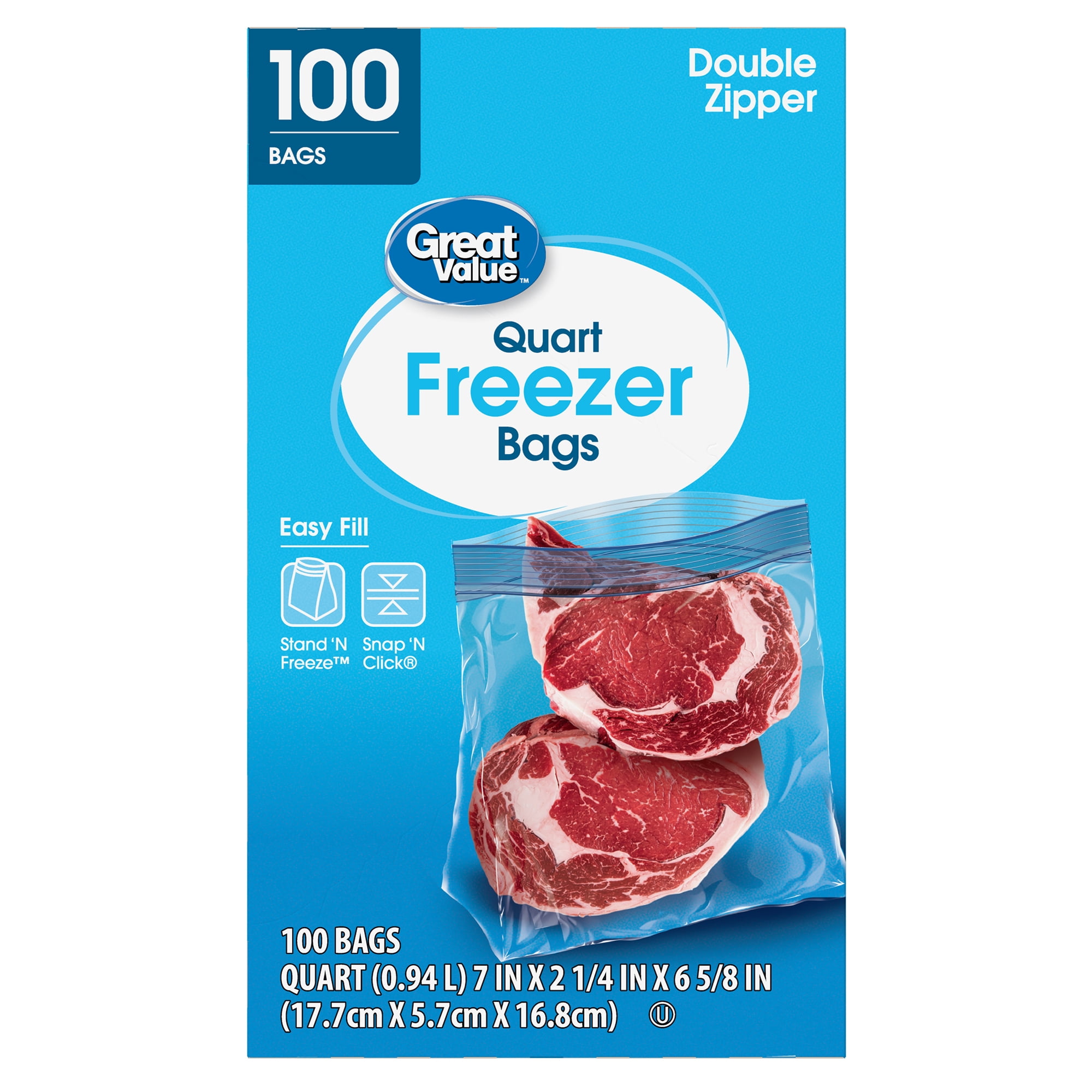 Great Value Freezer Guard Double Zipper Freezer Bags, Quart, 100 Count ...