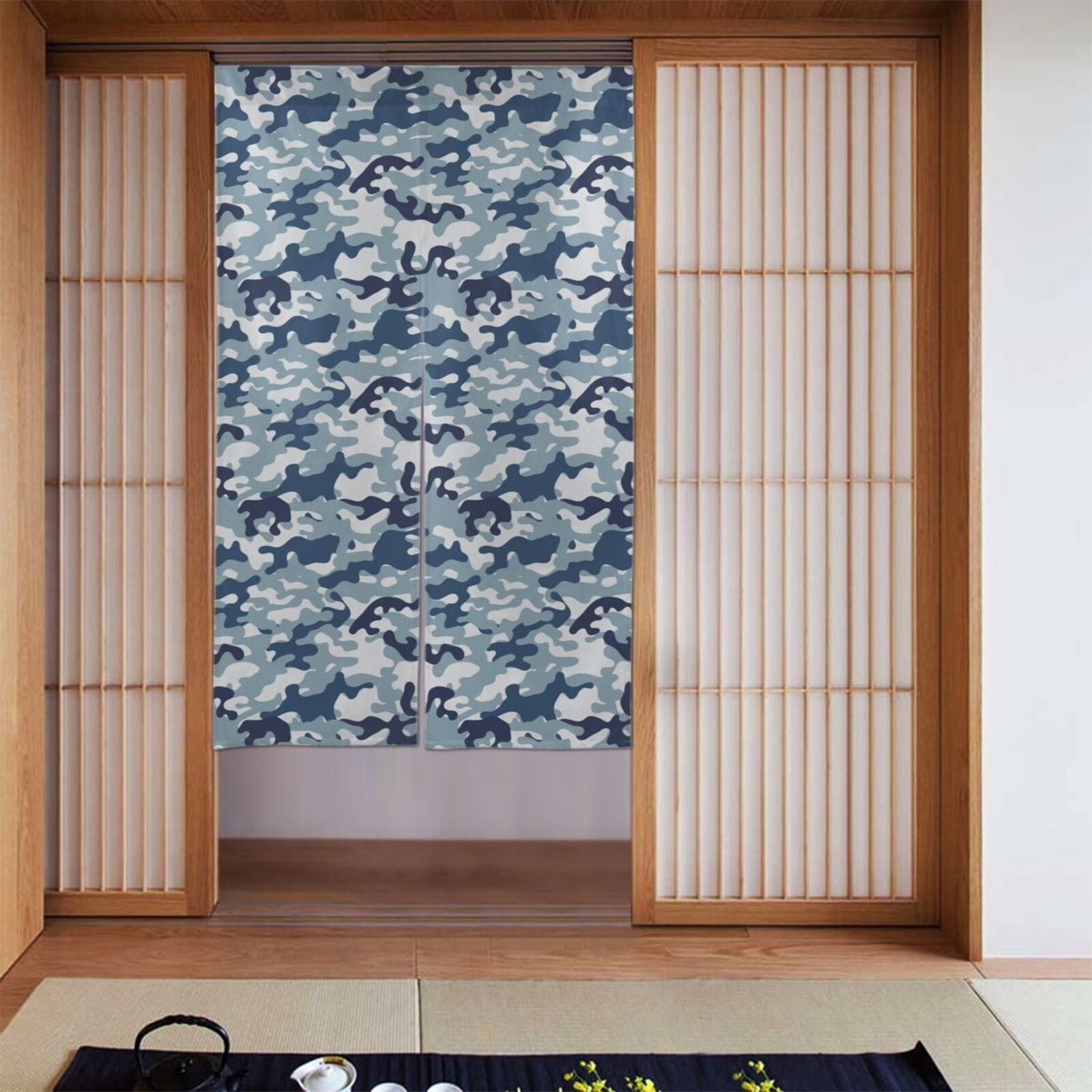 Doorway Drape Split Curtains, Geometric Blue Camouflage Room Divider ...