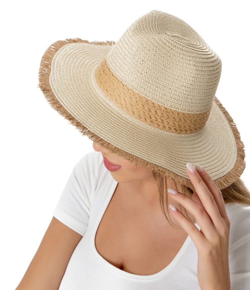 Raw Edged Wide Brim Teardrop Crown Straw Hat 2-Toned Distressed Beige ...