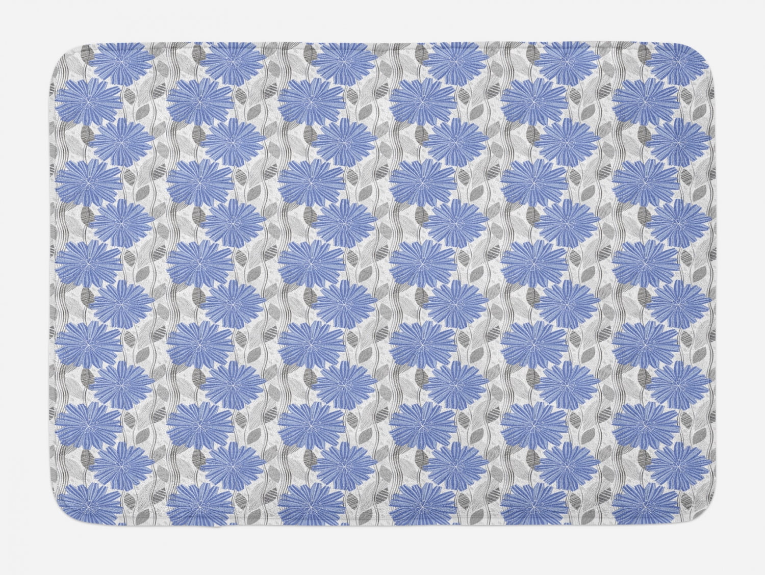 Grey Blue Bath Mat, Blossoming Cornflowers Sketch Style Foliage Leaves ...