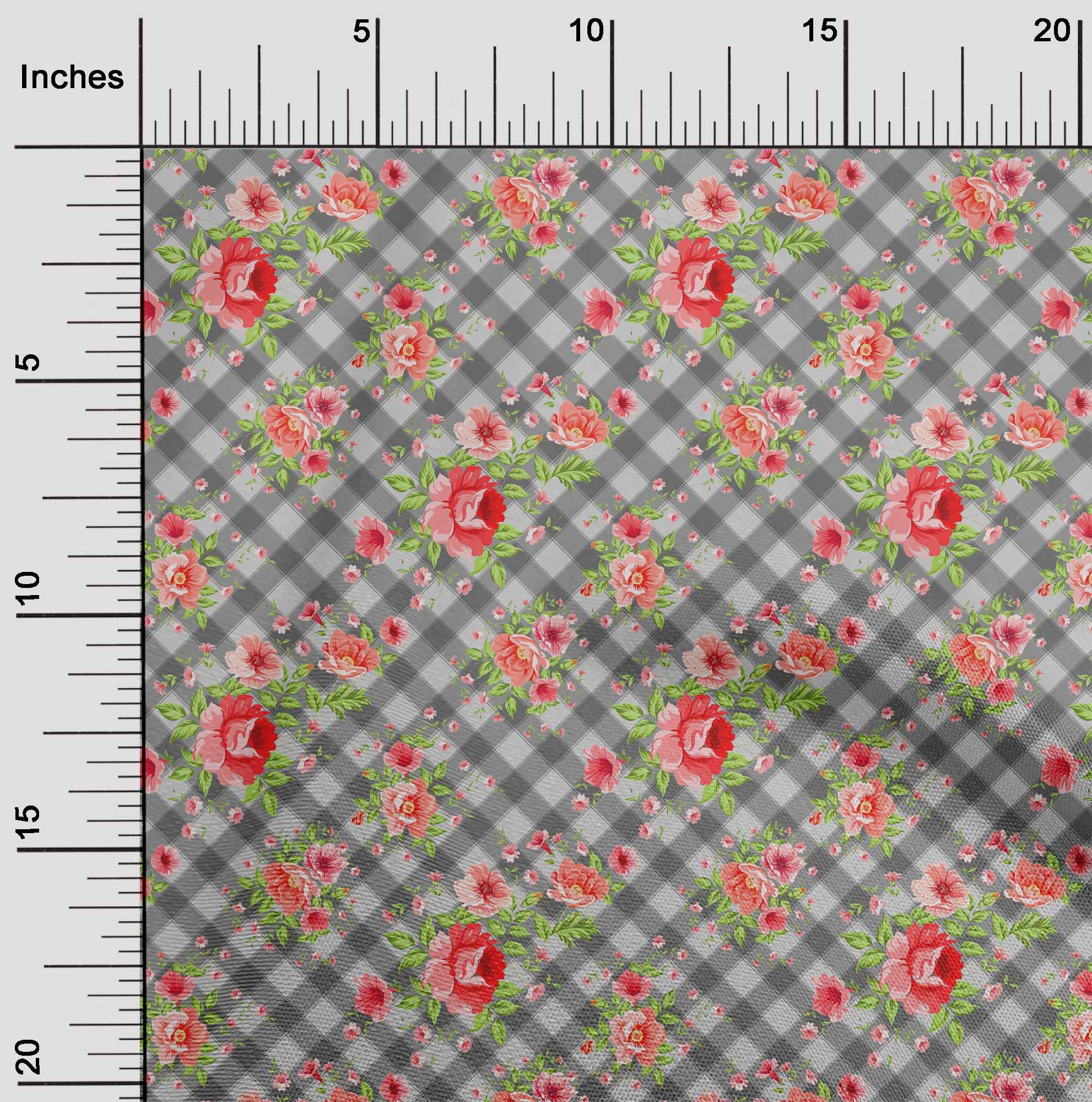 oneOone Silk Tabby Fabric Leaves & Floral Check Print Fabric By The ...