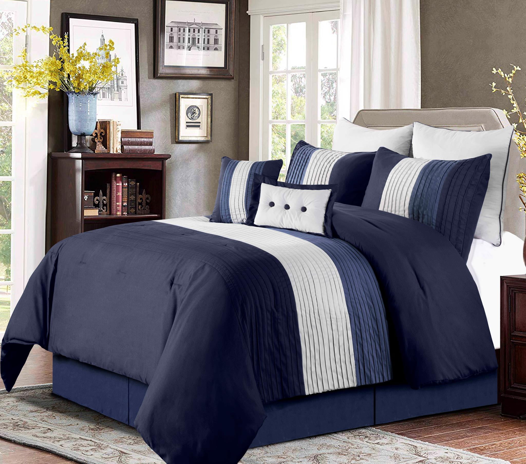 Chezmoi Collection Luxury Pleated Striped Comforter Set, King, Navy ...