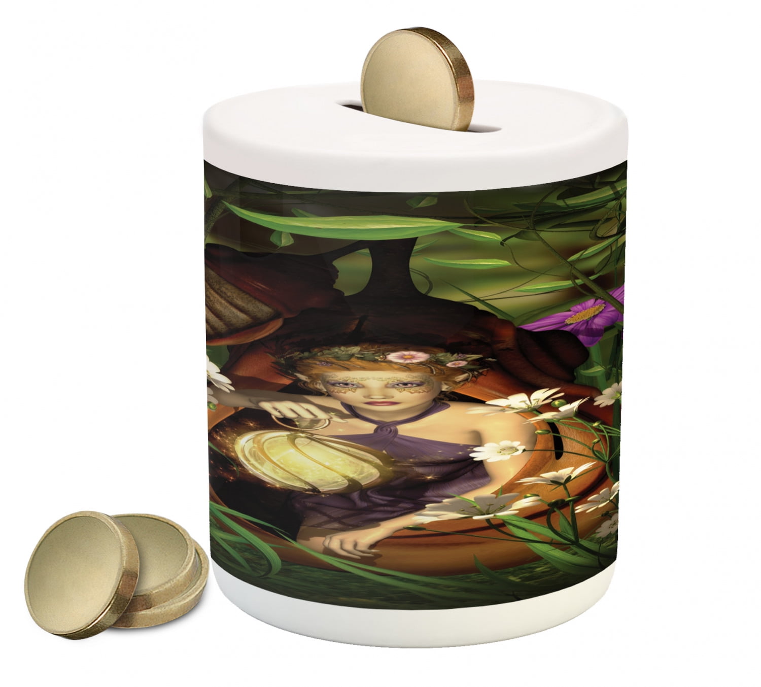 Cartoon Piggy Bank, Female Elf Sitting with Lantern in Cocoon ...