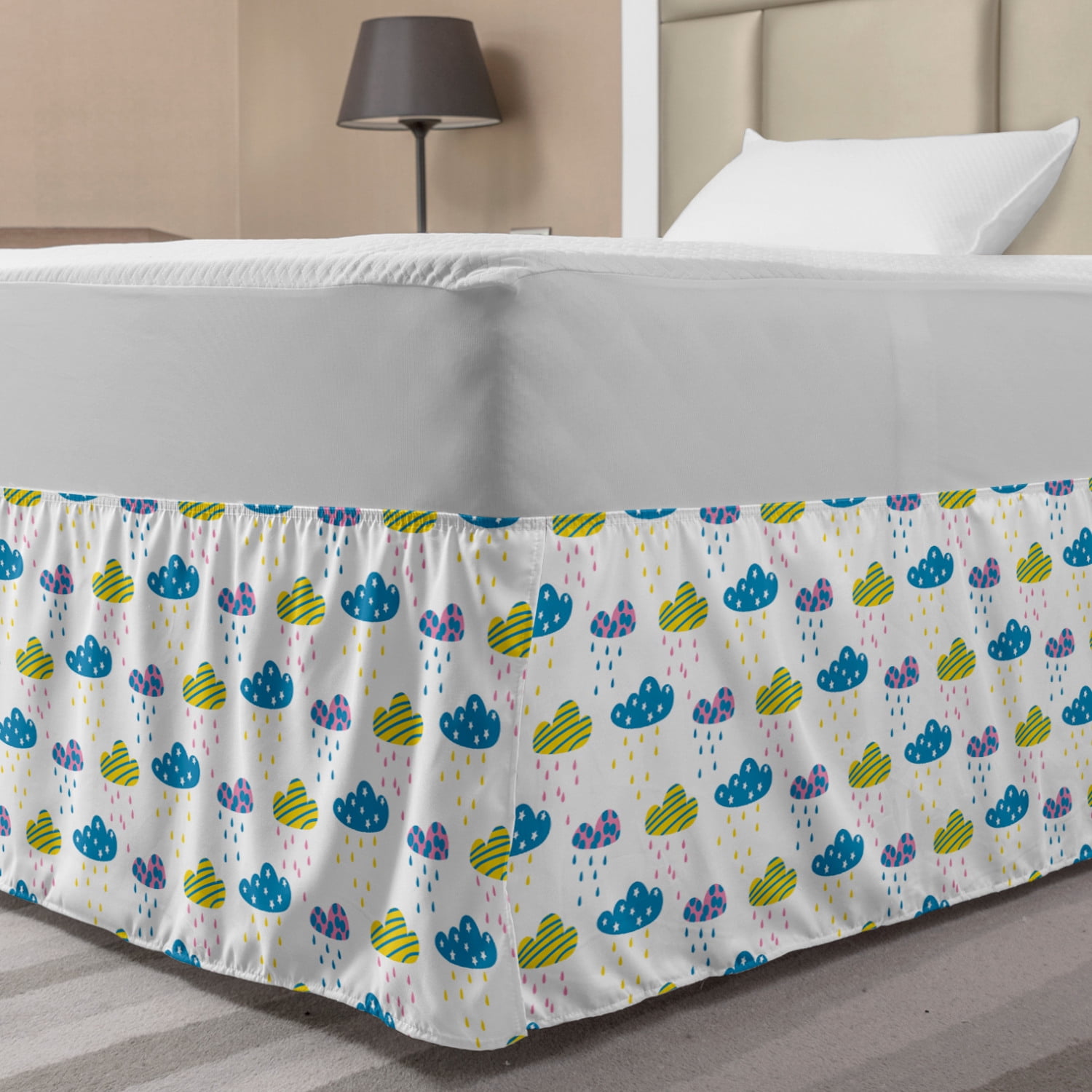 Childish Bed Skirt, Raindrops Along Clouds and Stars Geometric Stripes ...