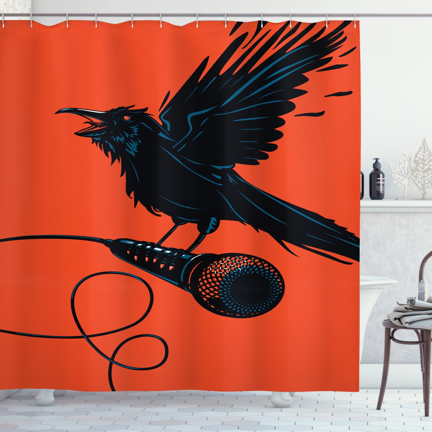 Ambesonne Indie Shower Curtain, Raven with Microphone, 69"Wx84"L ...