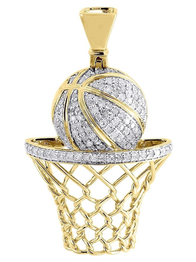 Diamond Basketball Pendant Mens 10K Yellow Gold Round Pave Hoop Charm 3 ...