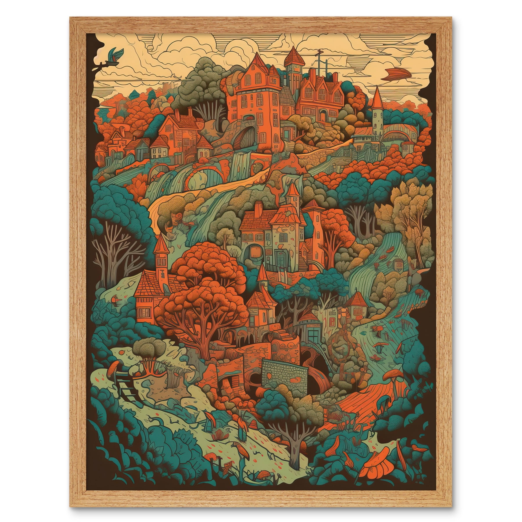 Village in Forest Coral and Teal Blue Illustration Art Print Framed ...