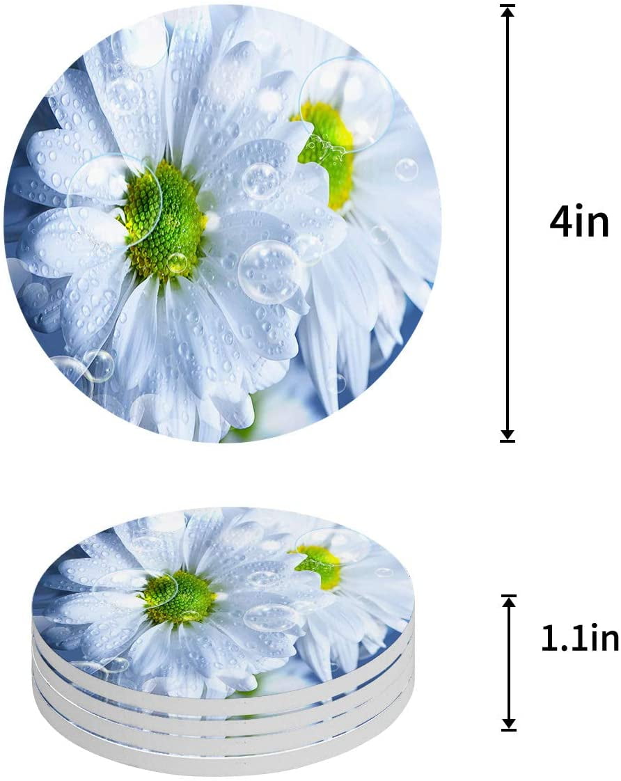 ZHANZZK Summer White Daisy and Water Drops Set of 4 Round Coaster for ...