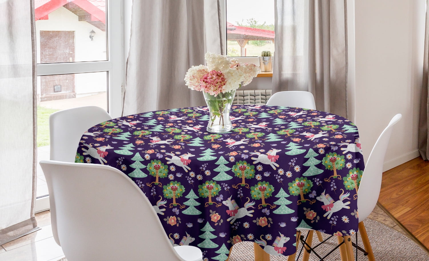 Nursery Round Tablecloth, Childish Fun Unicorns Galloping in Fairy ...