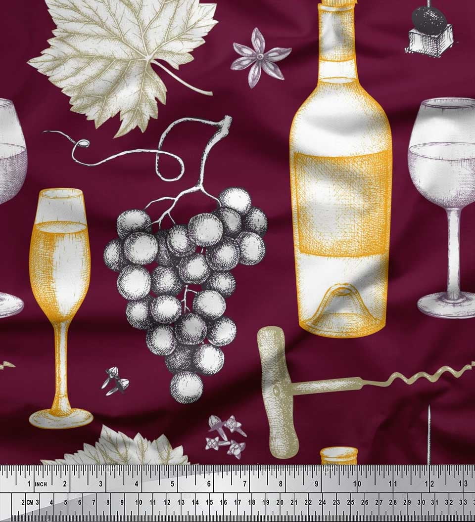Soimoi Velvet Fabric Grapes,Wine Glass & Bottle Print Fabric by the ...