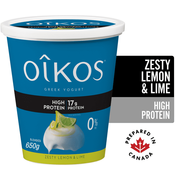 Oikos Greek Yogurt, Zesty Lemon & Lime, High Protein, Blended, 0% M.F., 650 g - Walmart.ca
