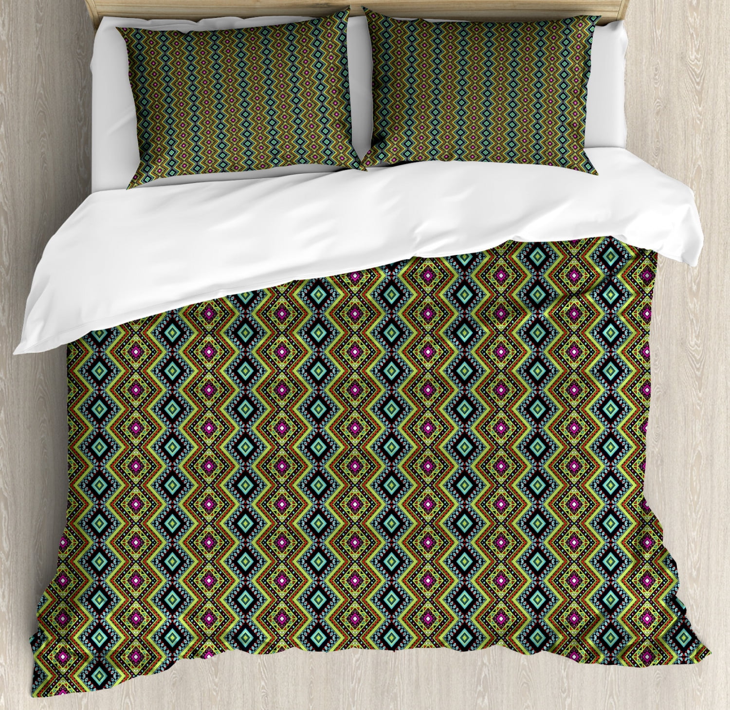 Ethnic Duvet Cover Set Queen Size, Geometric Folklore Ornament in ...