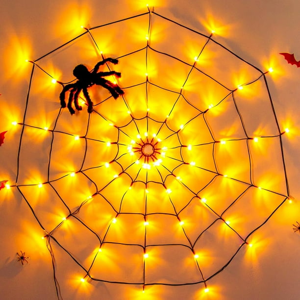 Halloween Spider Web Lights with Black Spider,70 LED Waterproof Orange ...