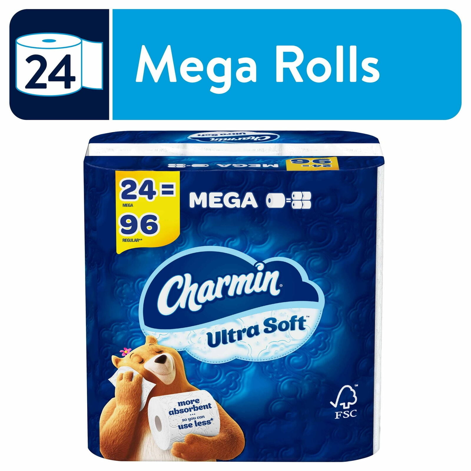 Charmin Ultra Soft Toilet Paper 24 Mega Rolls = 96 Regular, 244 Sheets ...