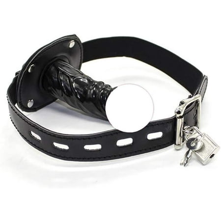 Black Leather With Lock Mouth Plug Silicone Long Stick Open Mouth Toy ...
