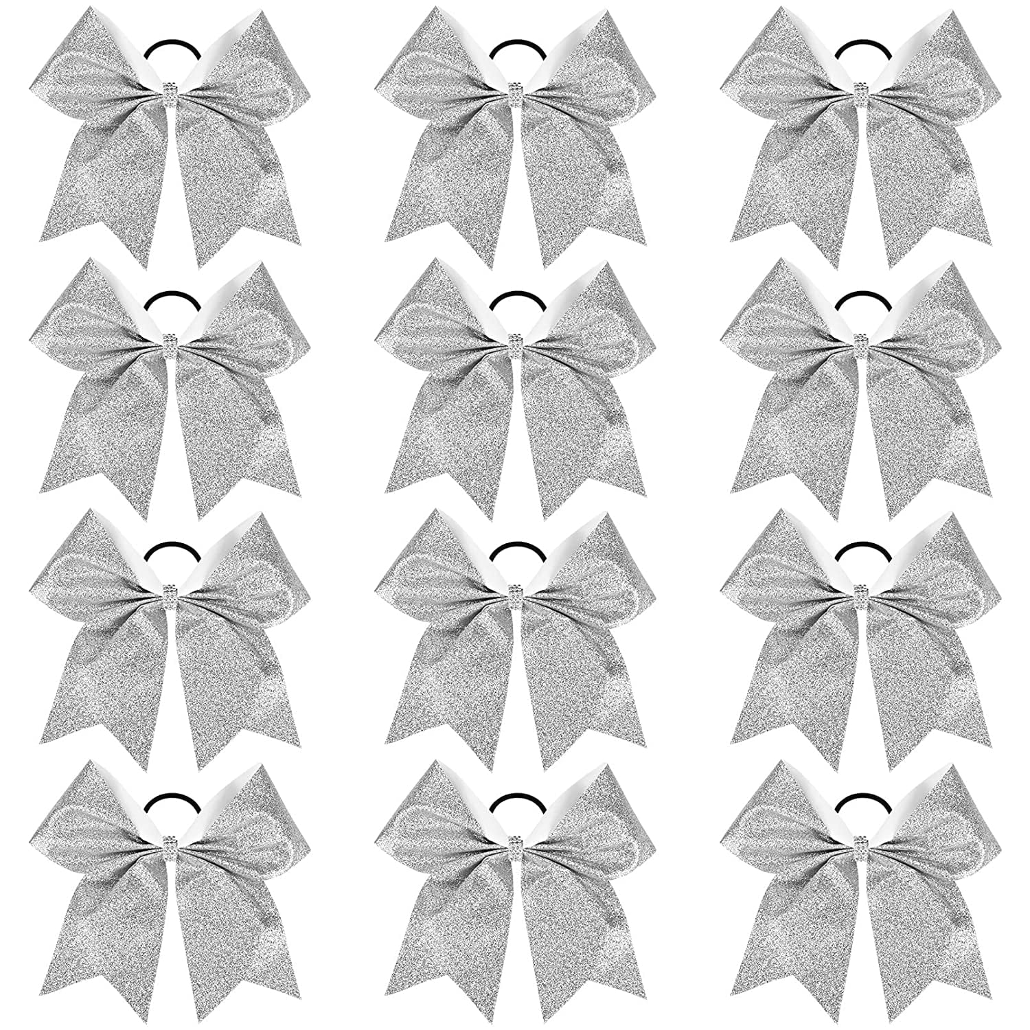 12 PCS Large Glitter Cheer Bows Silver Rhinestones 8" Large Glitter ...