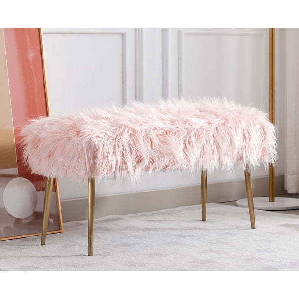 Guyou Modern Faux Fur Entryway Bench Upholstered Ottoman Bench with ...