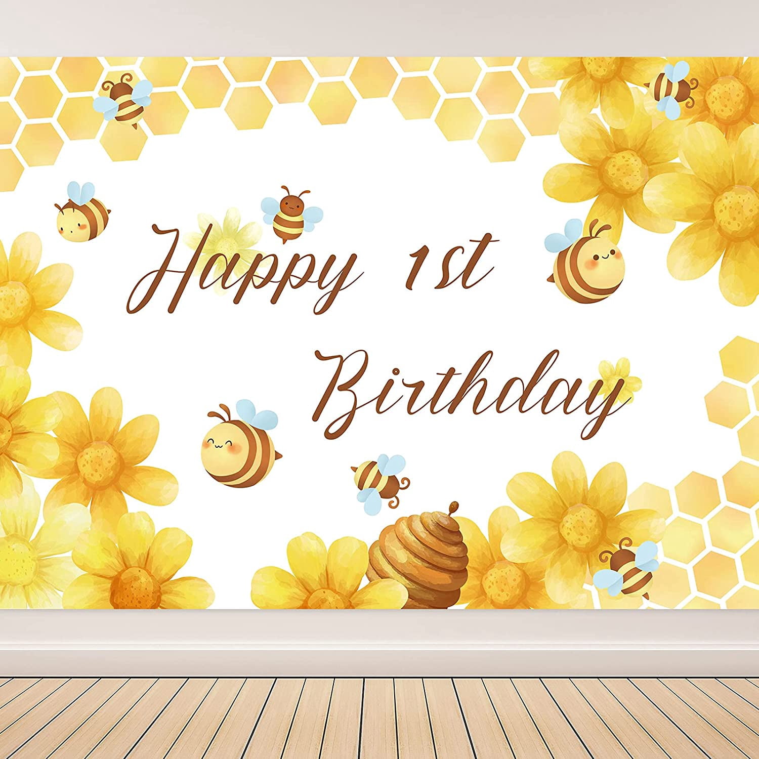 Bee Theme 1st Birthday Backdrop Honeycomb Bee Birthday Backdrop Banner ...