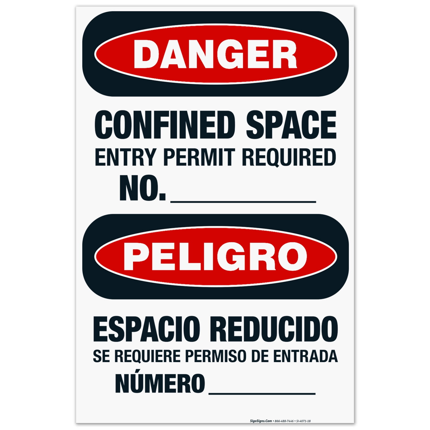 Confined Space Entry Permit Required Bilingual Sign, OSHA Danger Sign ...