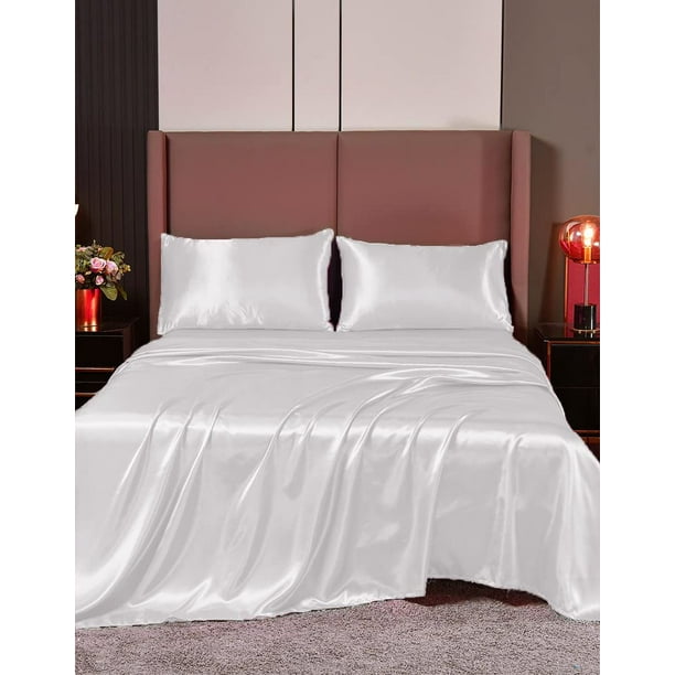 Cloud Fino Luxurious Satin bed sheets White Silk Sheets Twin Deep Pocket Sheet, 4-Piece ...
