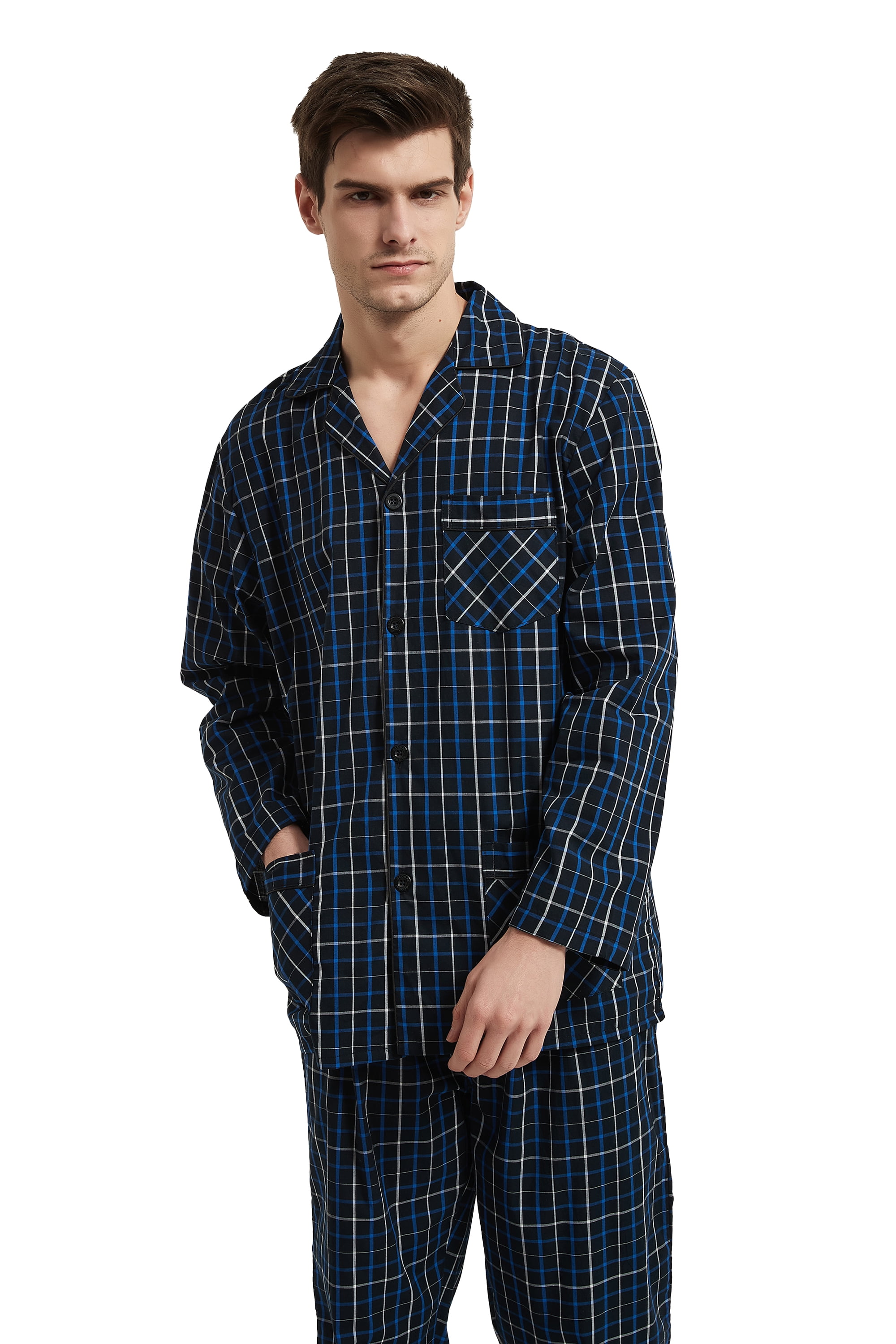 GLOBAL Men's Cotton Yarn Notch Collar Pajama Set with Pockets, 2-Piece ...
