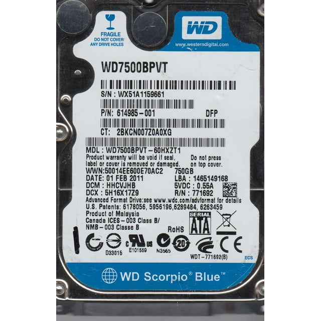 WD7500BPVT-60HXZT1, DCM HHCVJHB, Western Digital 750GB SATA 2.5 Hard ...